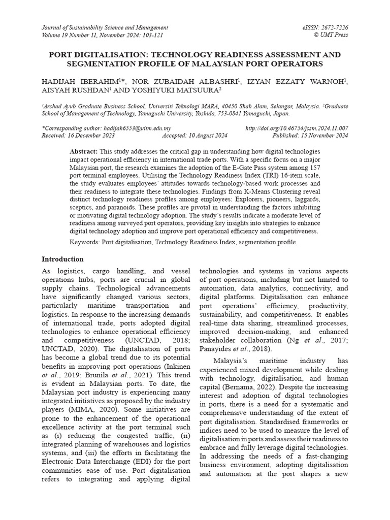 Port Digitalisation: Technology Readiness Assessment and Segmentation Profile of Malaysian Port ...
