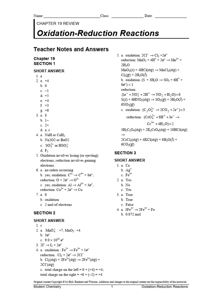 Redox Reactions Review Answers | PDF | Redox | Chlorine