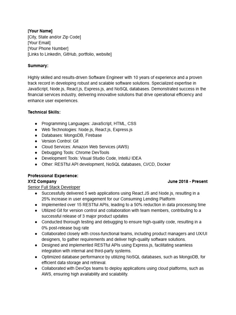 Free Resume Template - SWE - New | PDF | Databases | Cloud Computing