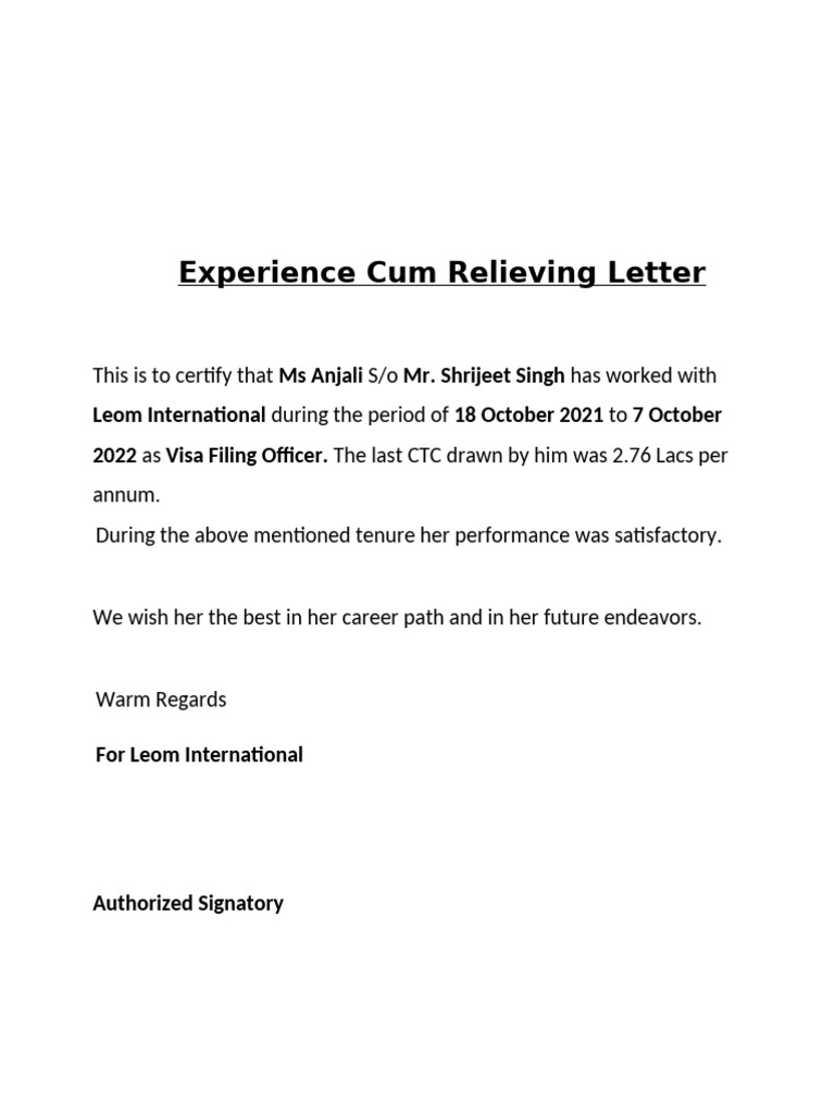 Experience Cum Relieving Letter Anjali | PDF