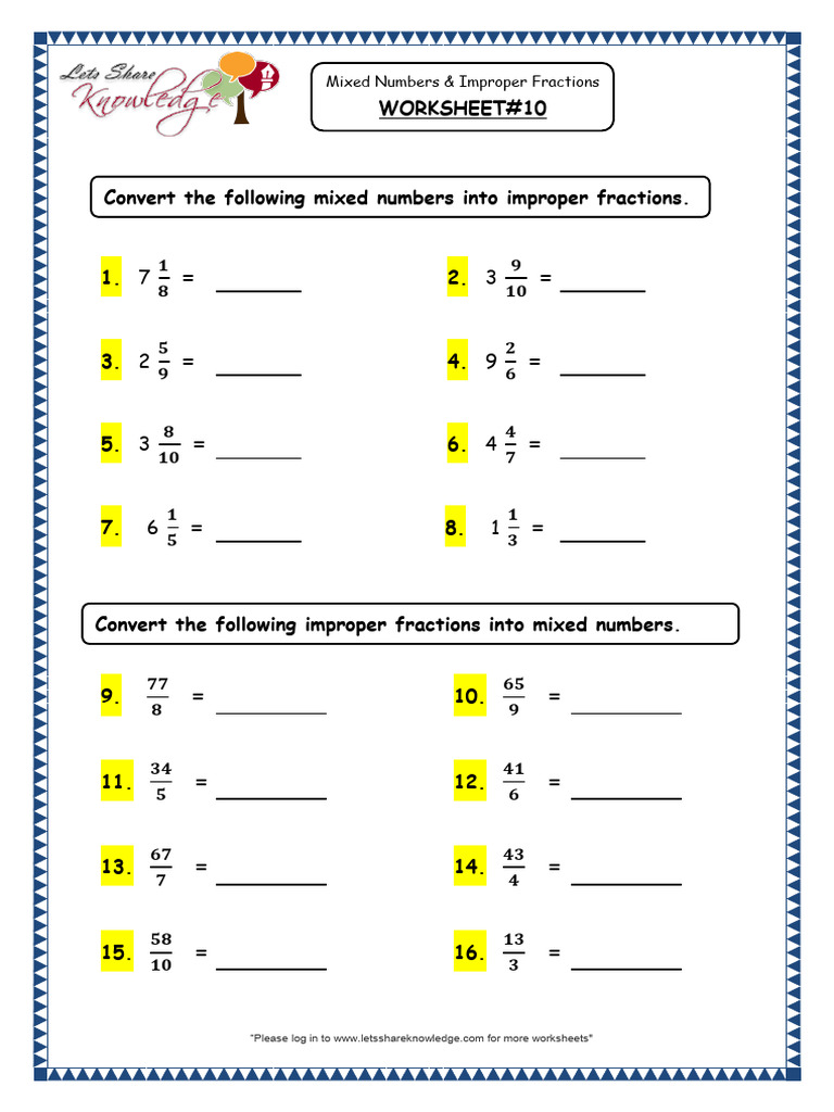 Mixed Numbers and Improper Fractions Grade 4 Maths Resources Printable ...