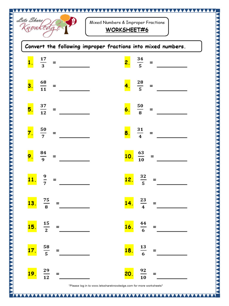Mixed Numbers & Improper Fractions Worksheet | PDF | Mathematical ...