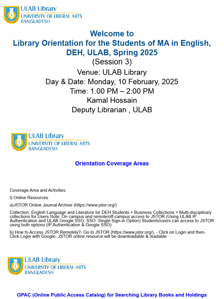 Library Orientation for the Students of MA in English, DeH, ULAB ...