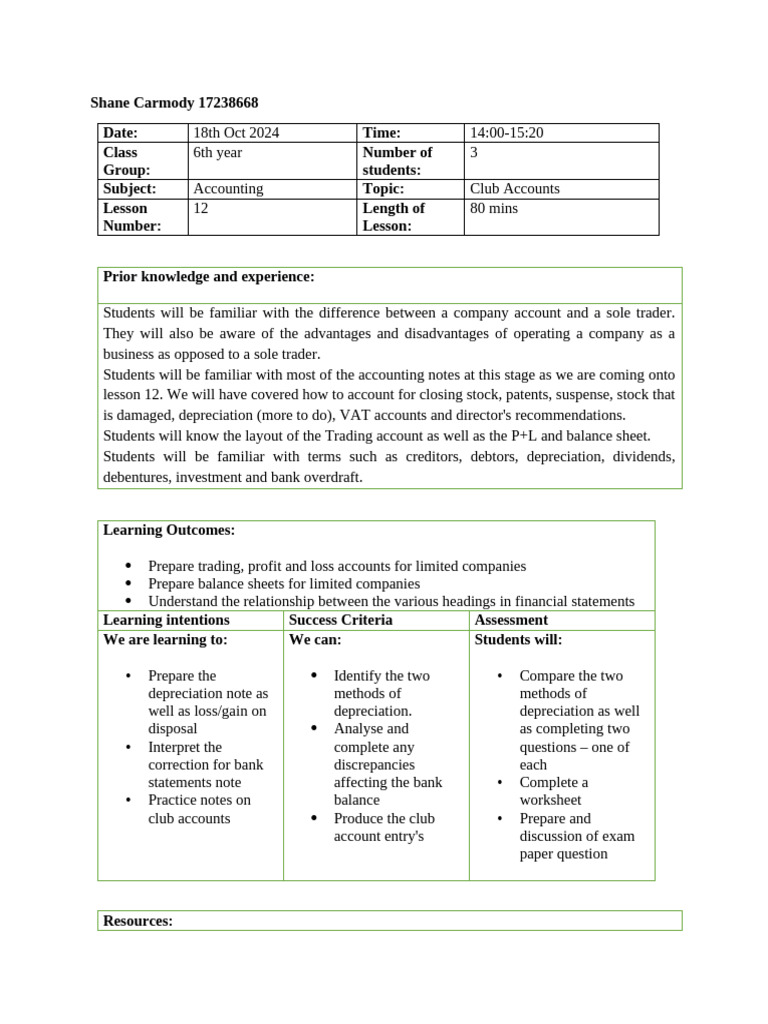 Club Accounts Lesson Plan for Students | PDF | Depreciation