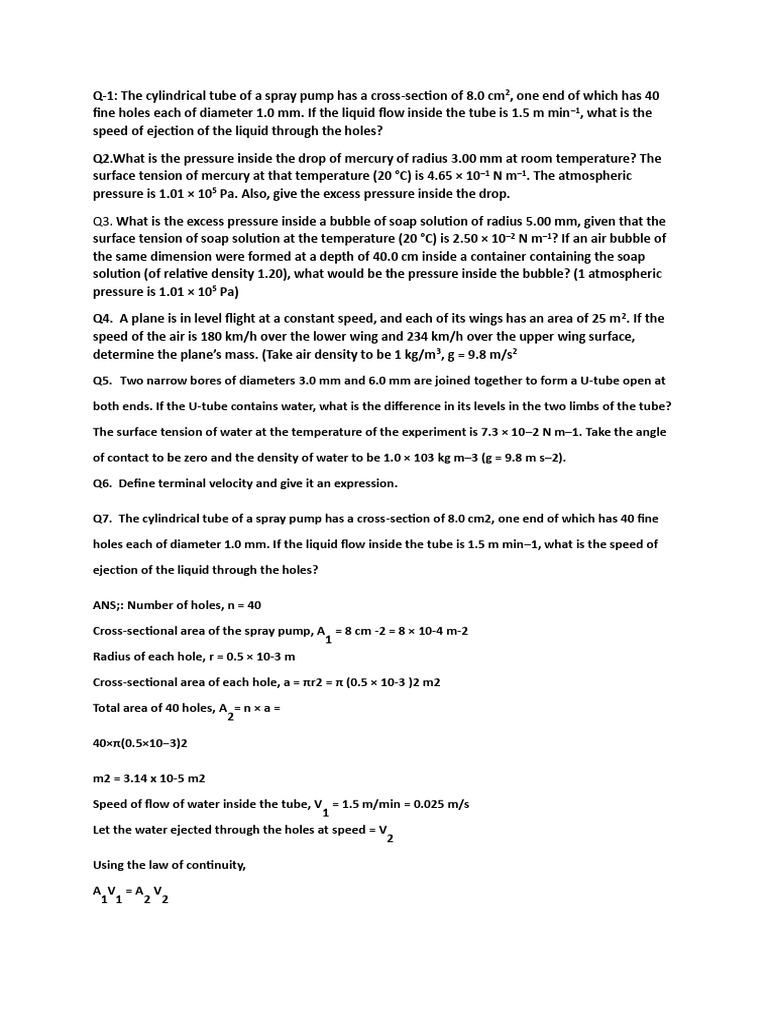 Fluid Mechanics Questions | PDF | Pressure | Surface Tension