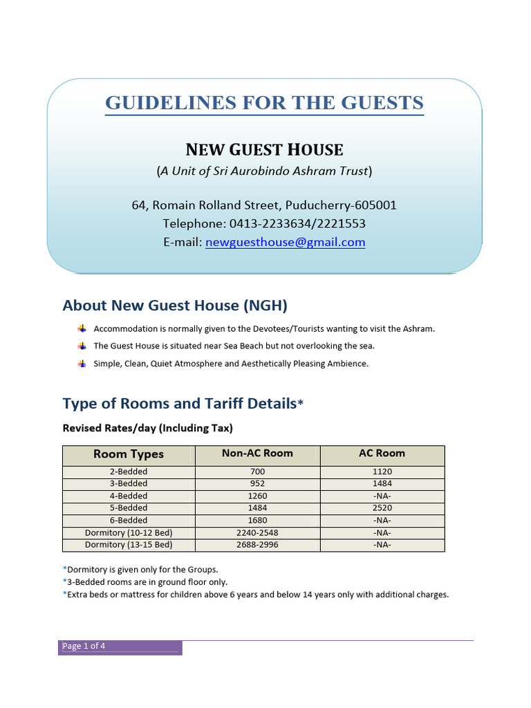 Aurobindo Ashram Guest House Rates | PDF
