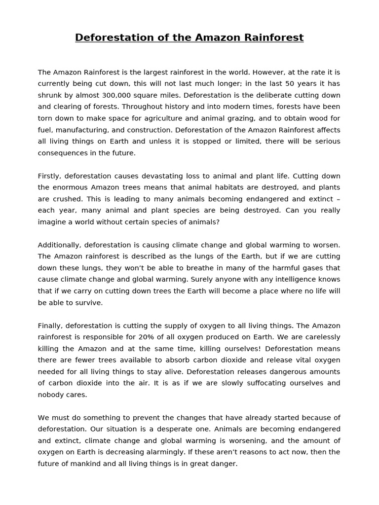 Deforestation Persuasive Essay | PDF | Deforestation | Amazon Rainforest
