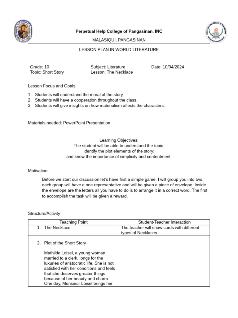 Lesson Plan: The Necklace Analysis | PDF