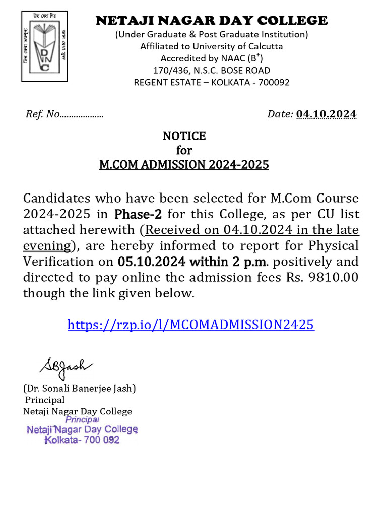 Mcom Admission Notice 2024-2025 Phase 2 | PDF