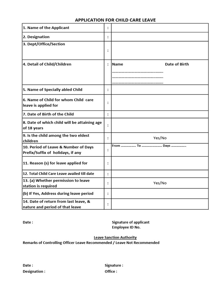Child Care Leave Application Form | PDF