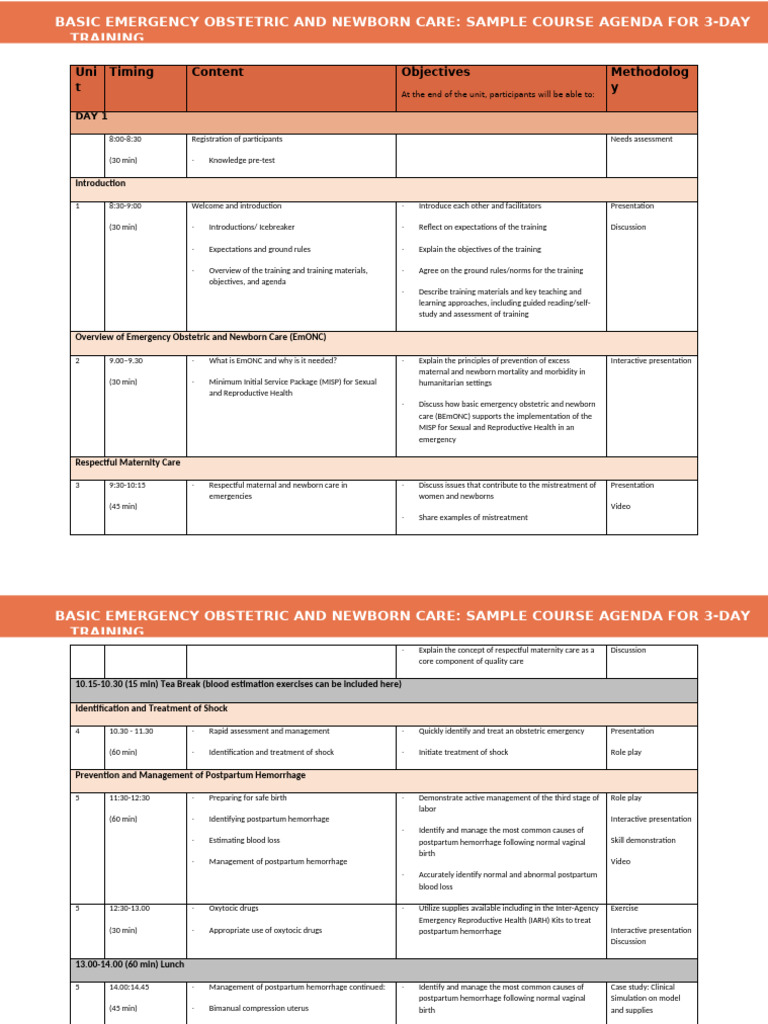 BEmONC - S CORT - Sample Course Agenda | PDF | Postpartum Period ...