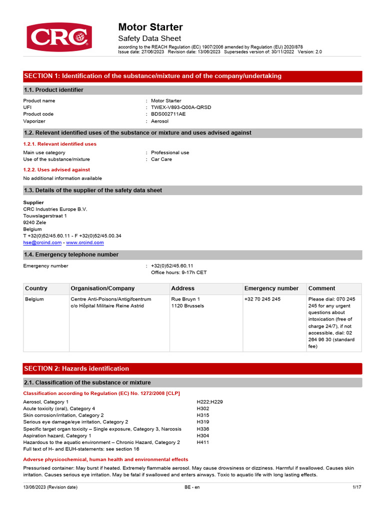 Msds Motoir Starter Pro Ref32723 | PDF | Occupational Safety And Health
