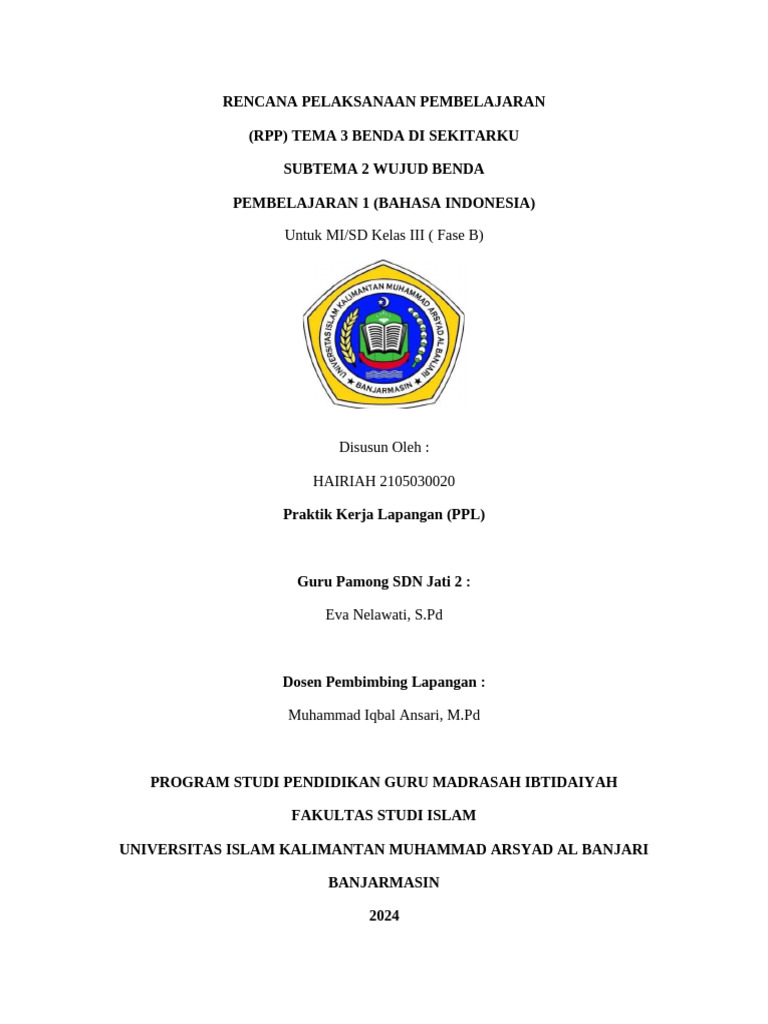 Latihan 5 - RPP Kelas IIIB Semester 1 Tema 3 Subtema 2 Wujud Benda kelas3SD | PDF