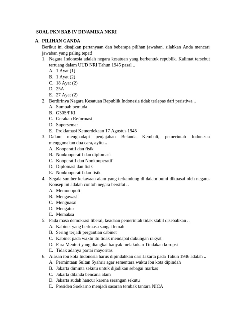 Soal Pkn Bab 4 Kls 12 Dinamika Nkri | PDF