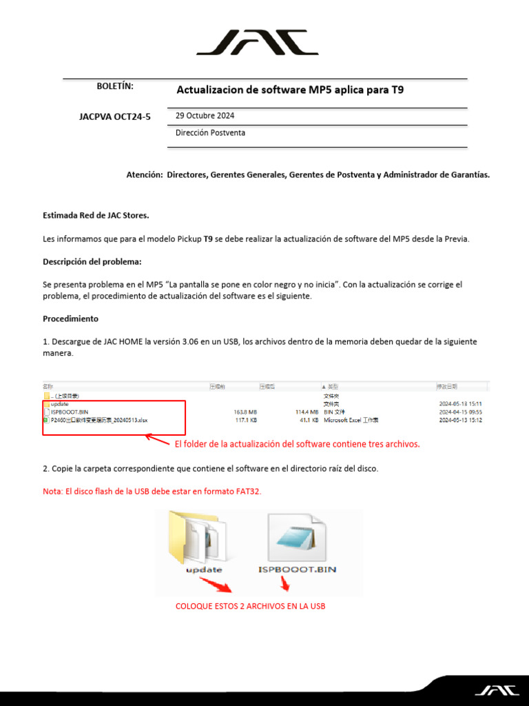 Boletín - Actualizacion de Software MP5 Aplica para T9 - JACPVA OCT24-5 | PDF