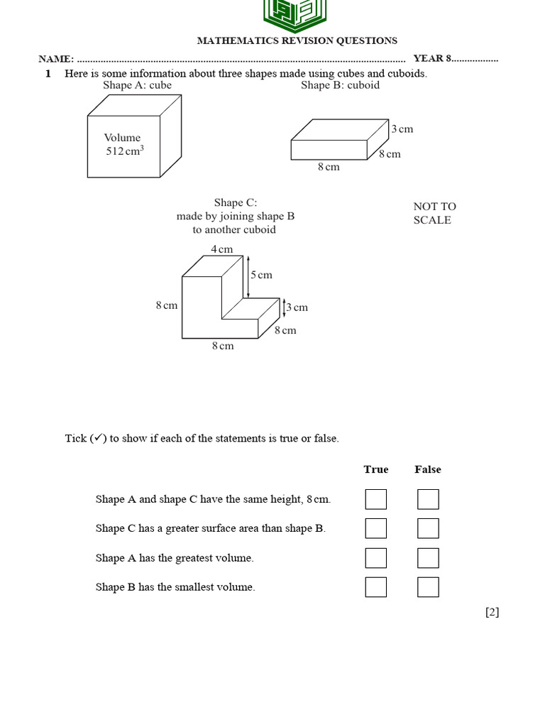 Year 8 Revision Questions (Mathematics) 1 | PDF | Area | Volume