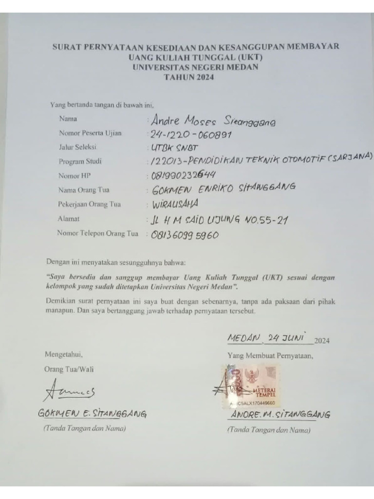 Surat Pernyataan Ukt | PDF