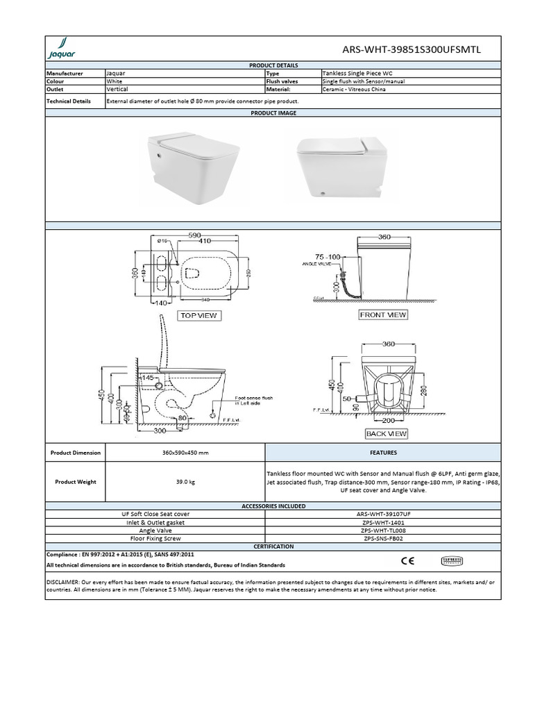 Jaquar Tankless WC with Sensor Flush | PDF | Valve | Manufactured Goods