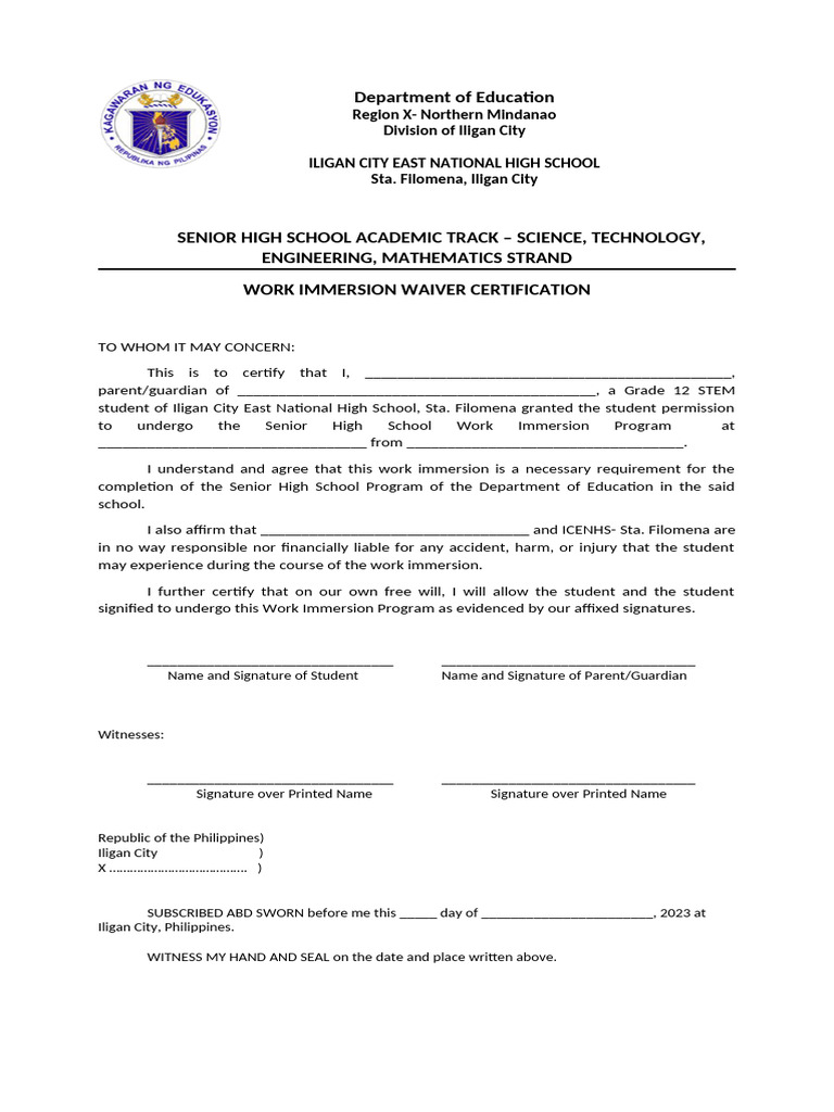 Work Immersion Waiver for STEM Students | PDF