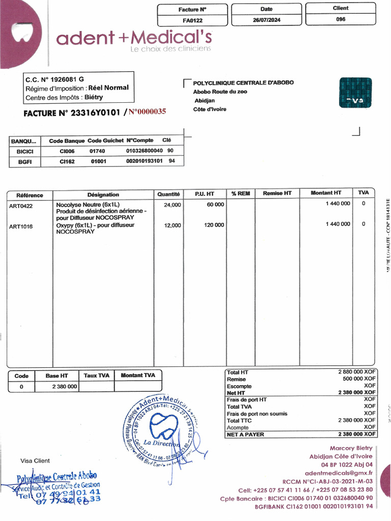 Facture N°00035 Adent+ Medical's - Polyclinique Centrale D'abobo | PDF