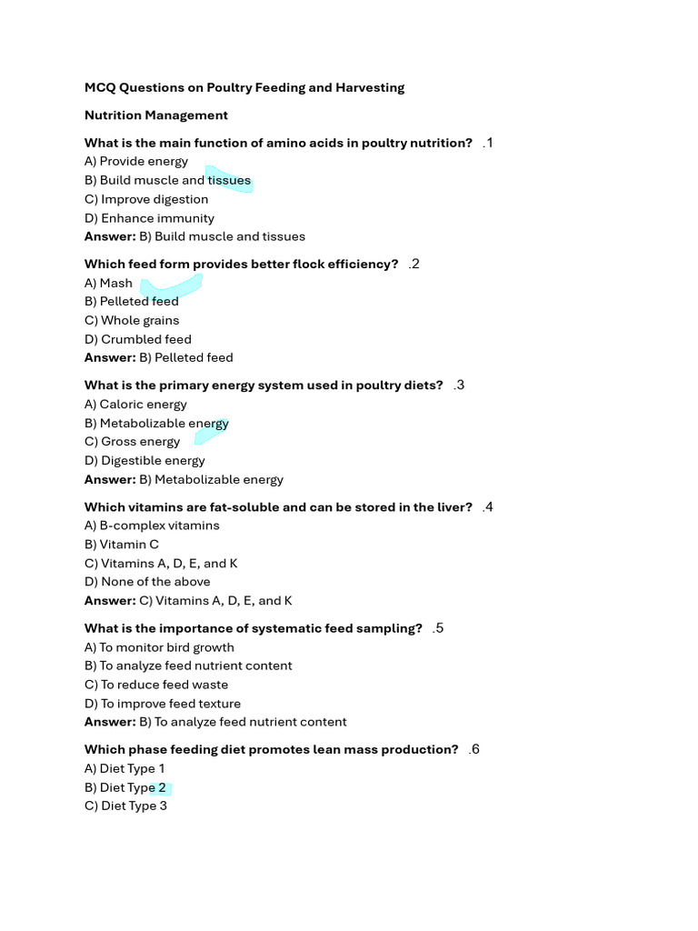 MCQ Questions on Poultry Feeding and Harvesting | PDF | Vitamin | Nutrients