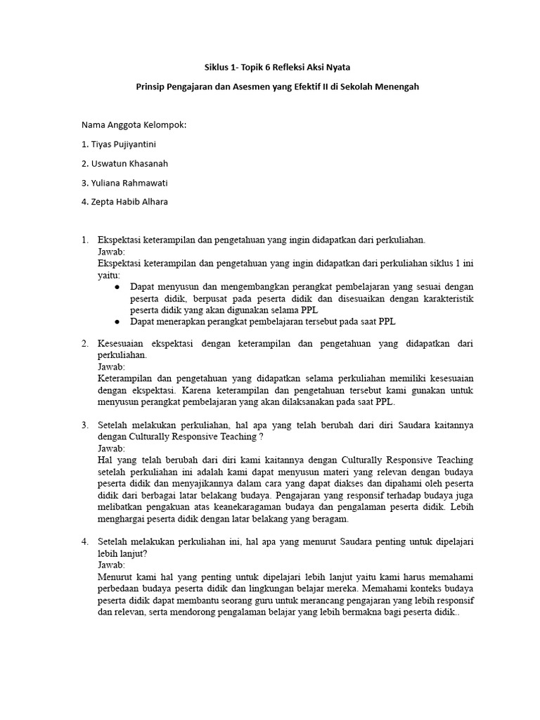 Siklus 1- Topik 6 Refleksi Aksi Nyata Prinsip Pengajaran dan Asesmen yang Efektif II di Sekolah ...