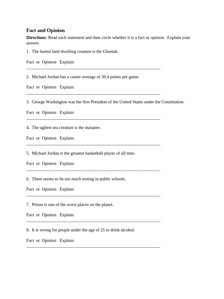 Fact and Opinion. test 1 to 8 | PDF