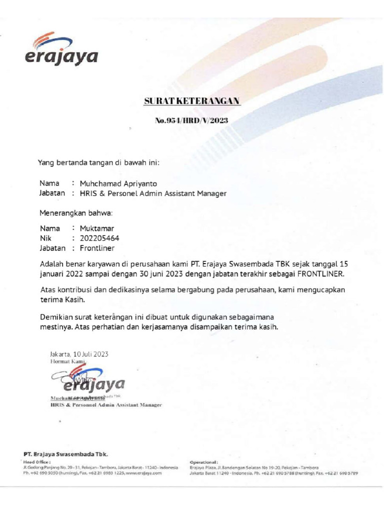 Paklaring Erajaya Group | PDF