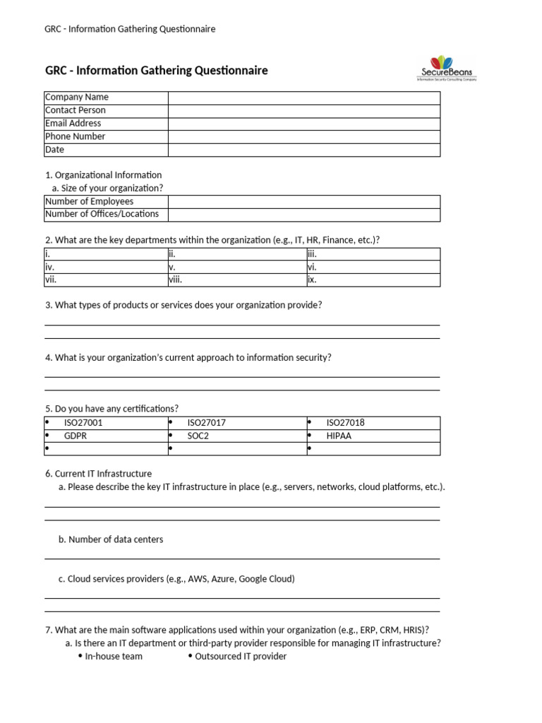 GRC - Information Gathering Questionnaire | PDF