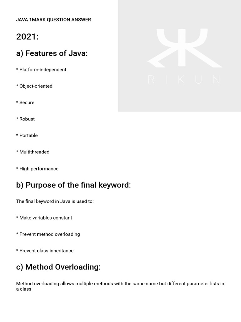 Java - 1.5mark Question Answer | PDF | Class (Computer Programming) | Method (Computer Programming)