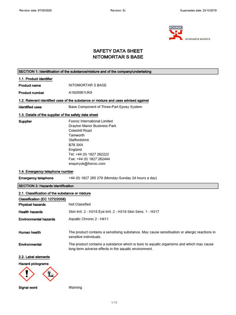 Nitomortar S Base Aggregate Hardener SDS | PDF | Dangerous Goods | Toxicity