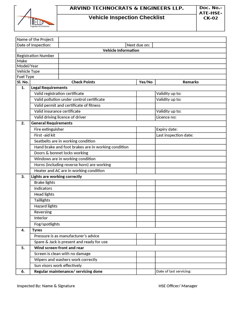 Doc. No.-ATE-HSE-CK-02-Vehicle Inspection Checklist | PDF