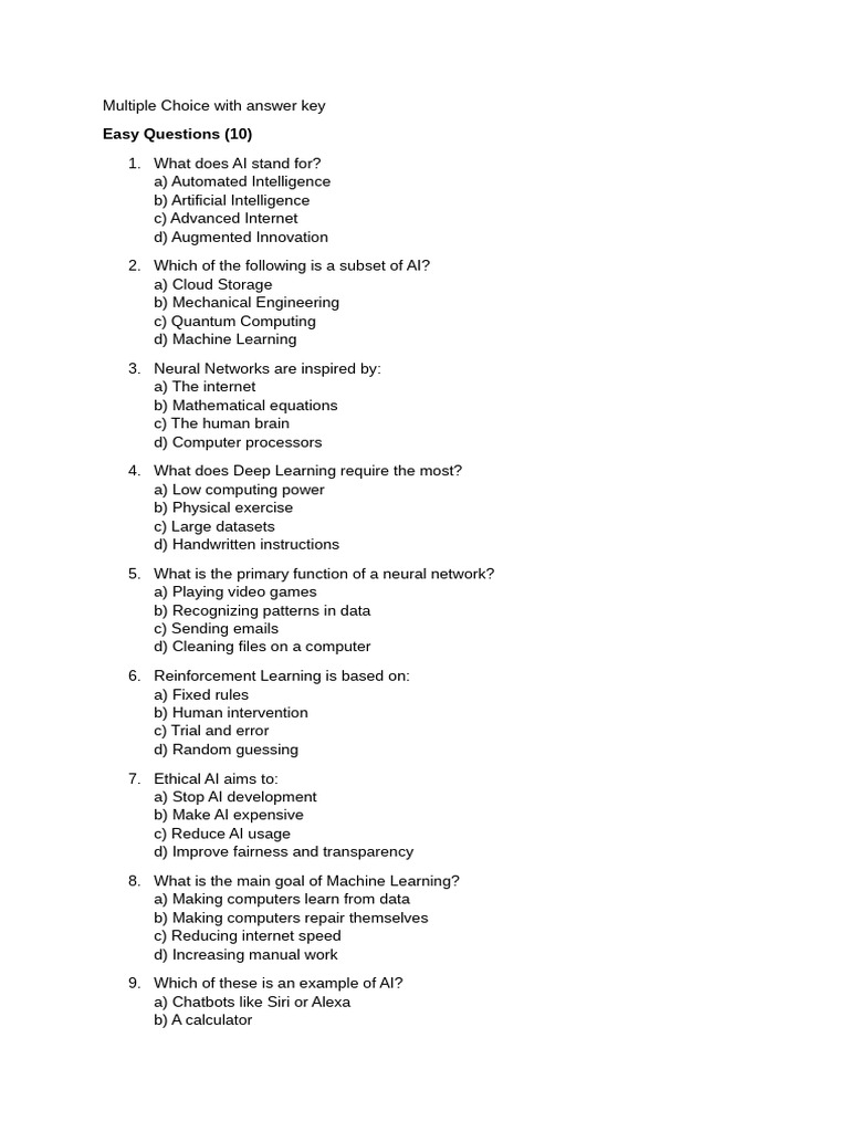 Multiple Choice With Answer Key | PDF | Artificial Intelligence | Intelligence (AI) & Semantics