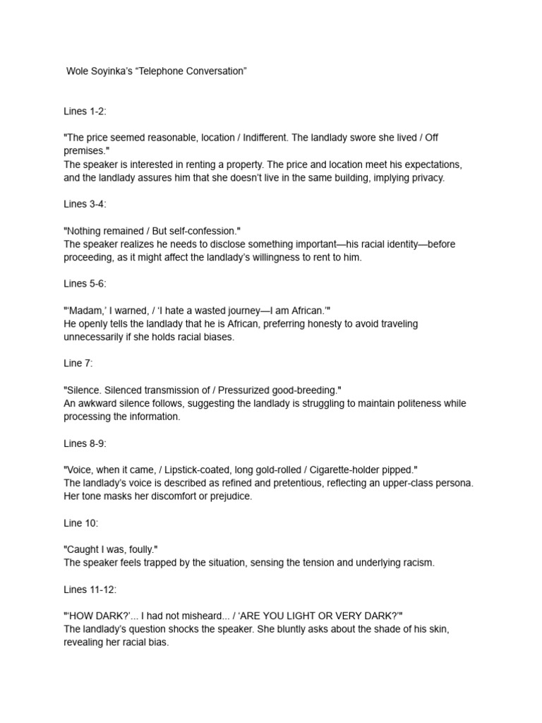 Wole Soyinka's Telephone Conversation Analysis | PDF