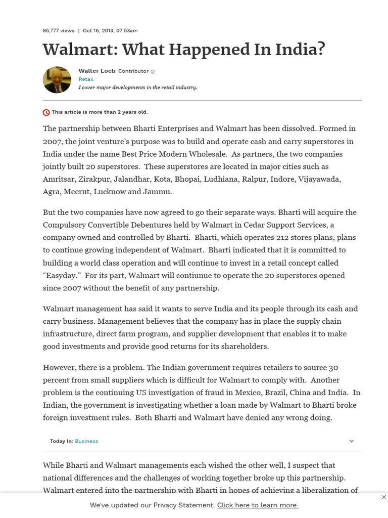 Walmart-Bharti Partnership Ends in India | PDF | Walmart | Big Box Store