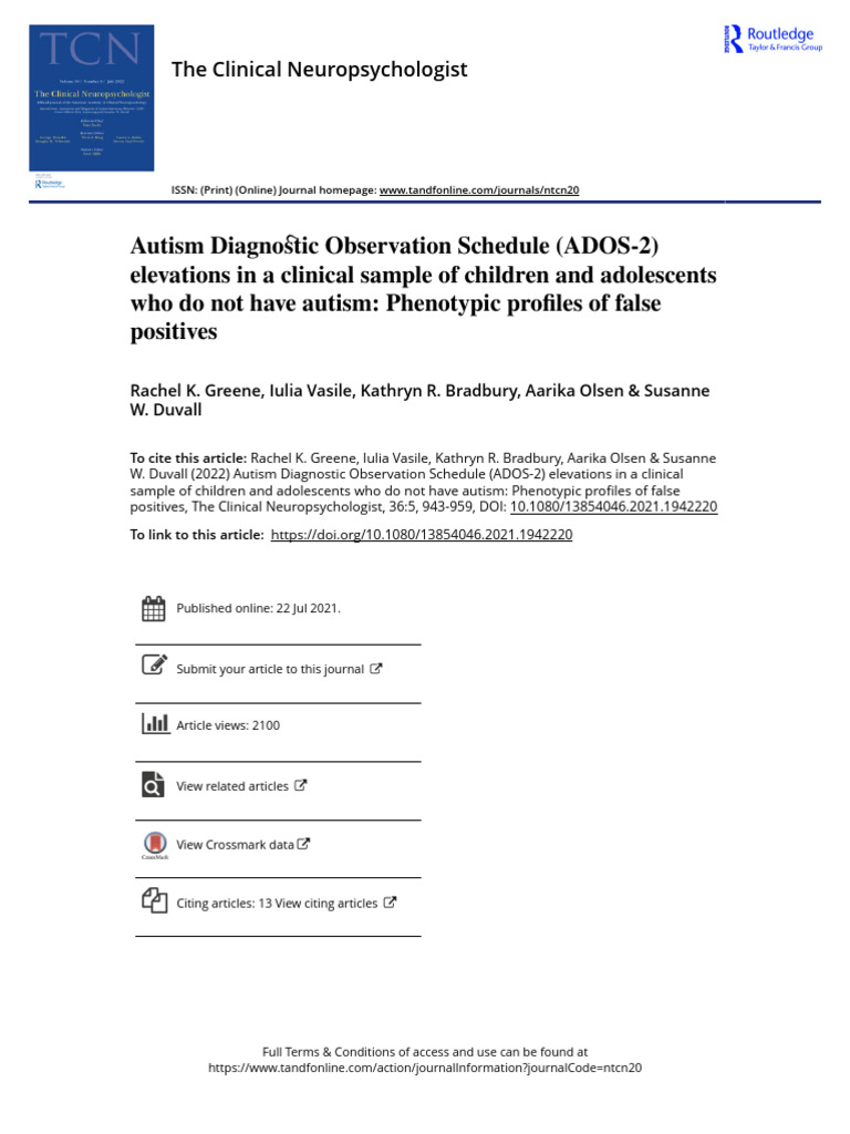 Autism Diagno Ic Observation Schedule (ADOS-2) Elevations in A Clinical ...