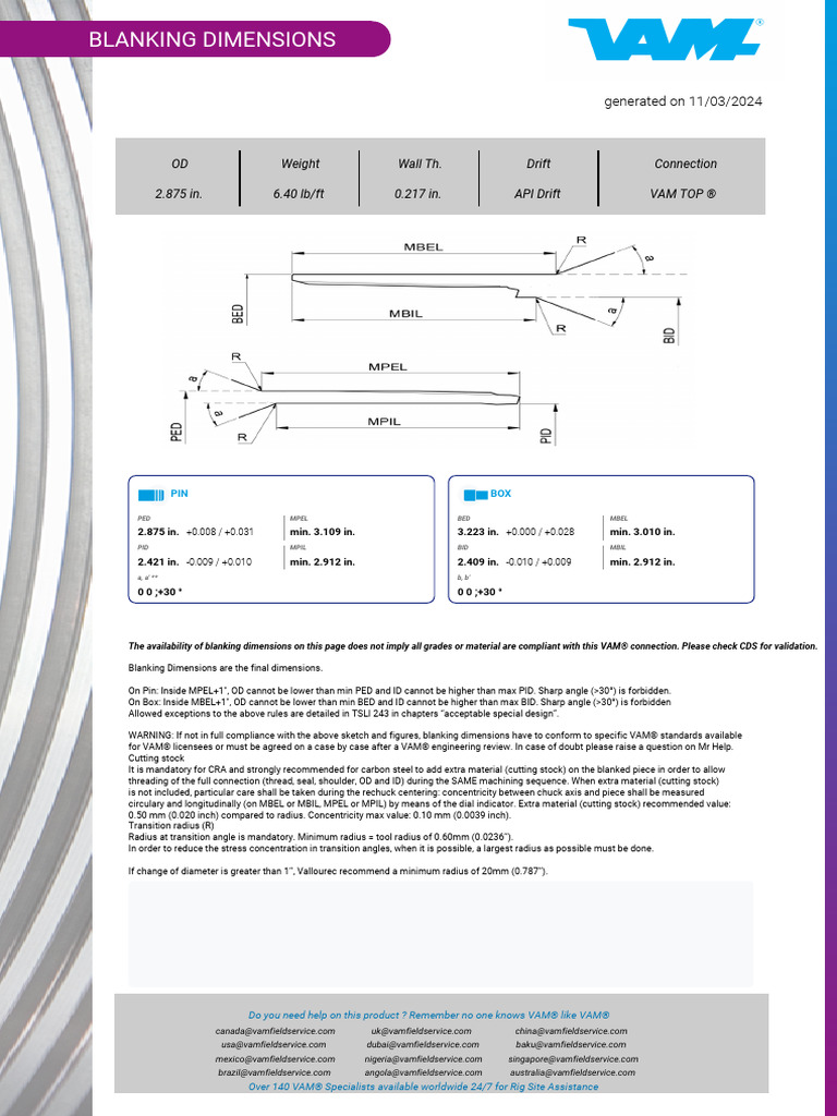BLANKING VAM TOP ® 2.875in. 6.4lb-ft API Drift 2.347in. 87.5 | PDF