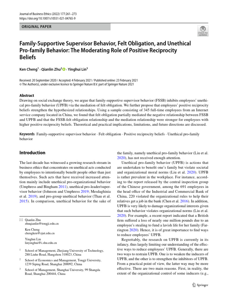 Family-Supportive Supervisor Behavior, Felt Obligation, and Unethical ...