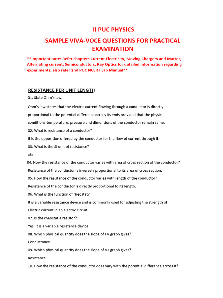 II PUC PHYSICS VIVA QUE and ANS - PDF - 20250130 - 234926 - 0000 | PDF | Electric Current ...
