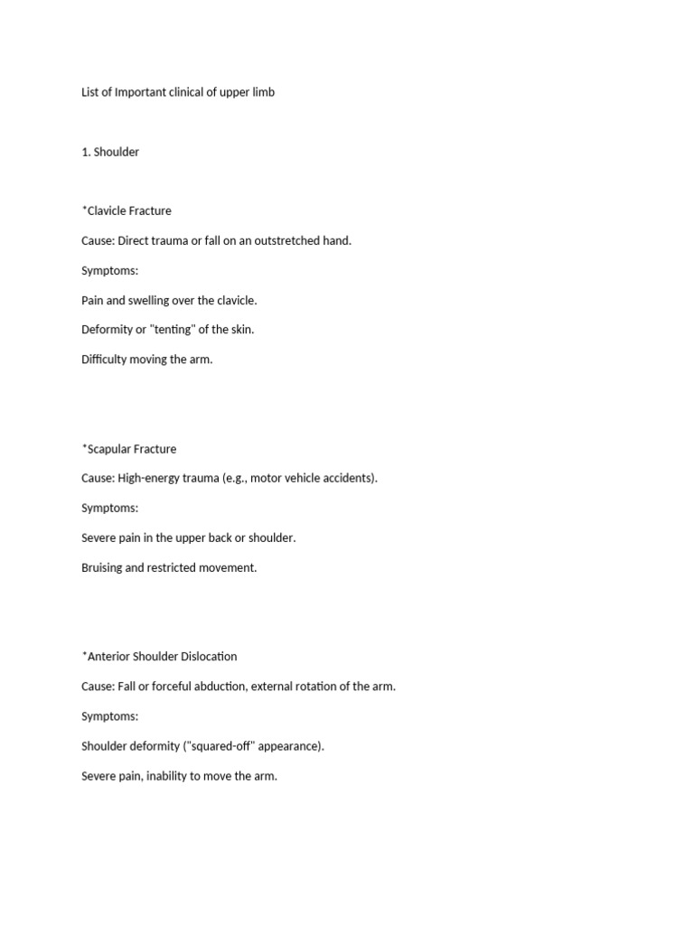 Important Upper Limb Clinical List | PDF | Elbow | Hand