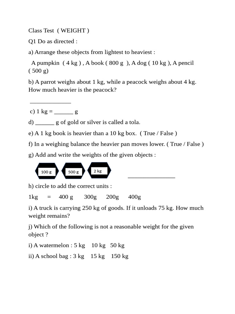Class Test on Weights and Measures | PDF