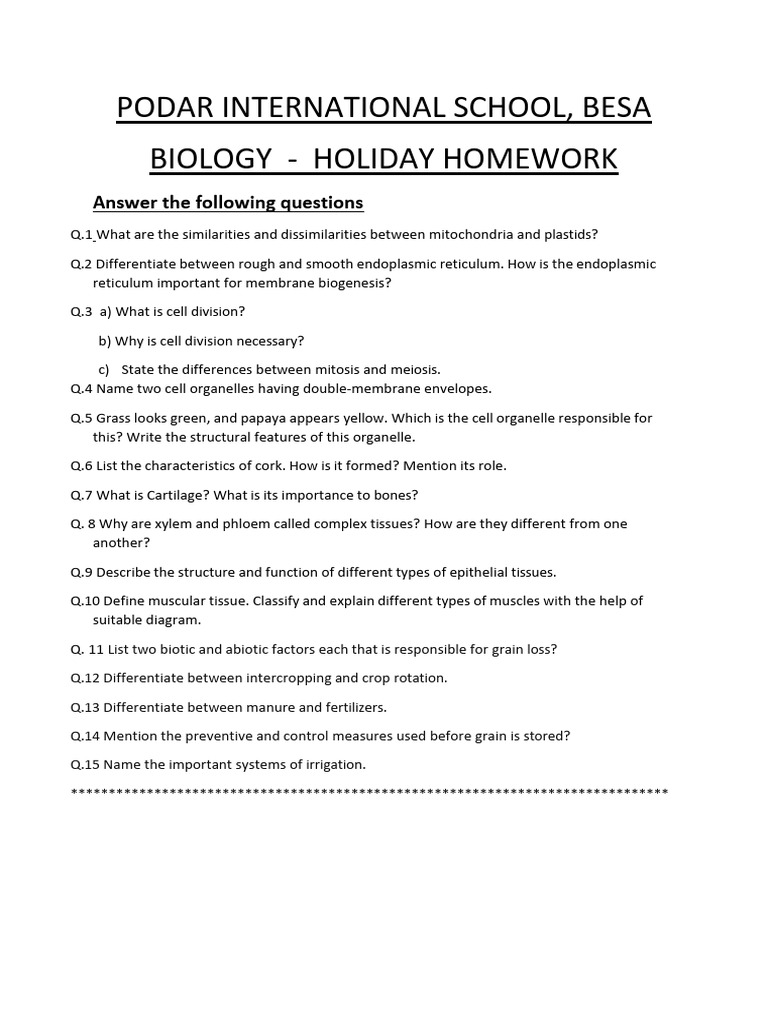 BIOLOGY HOLIDAY HOMEWORK | PDF