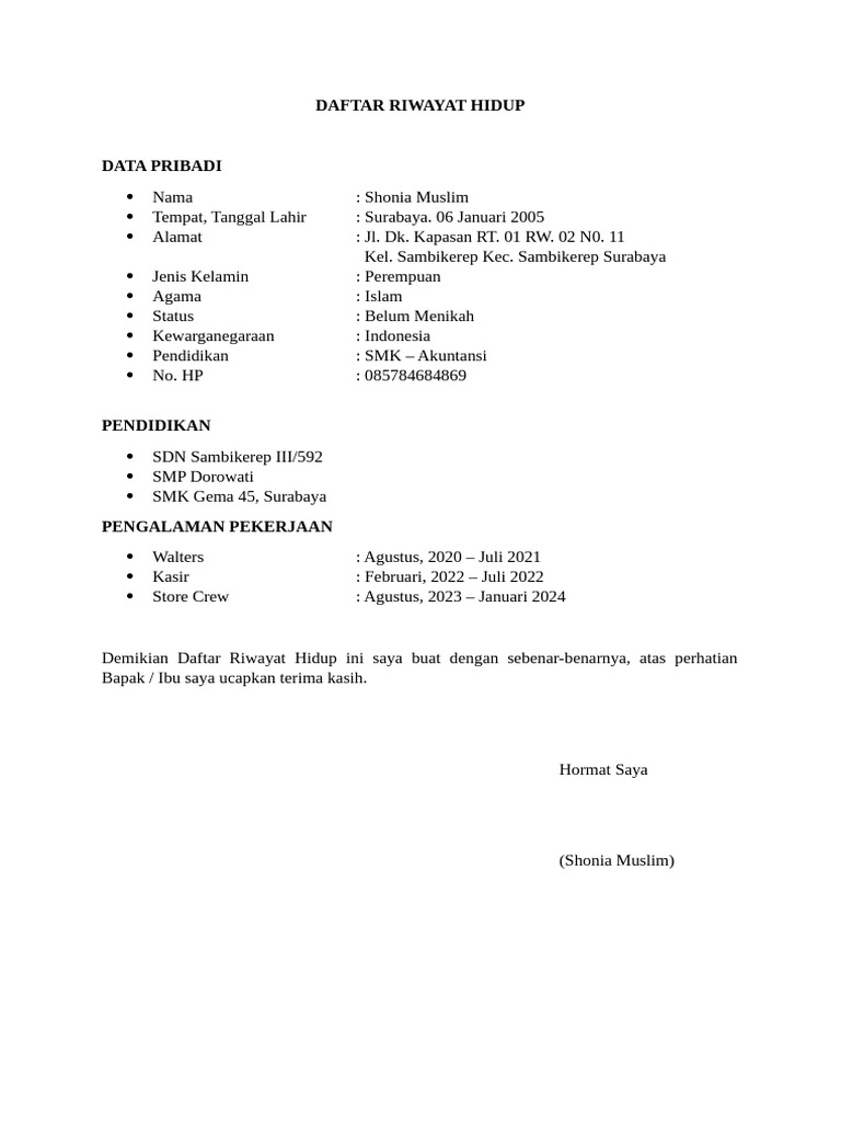 DAFTAR RIWAYAT HIDUP Shonia Muslim | PDF