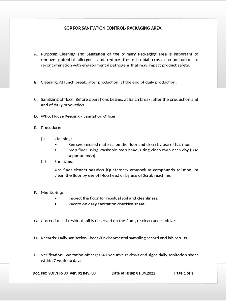 SANITATION CONTROL- PACKAGING AREA | PDF