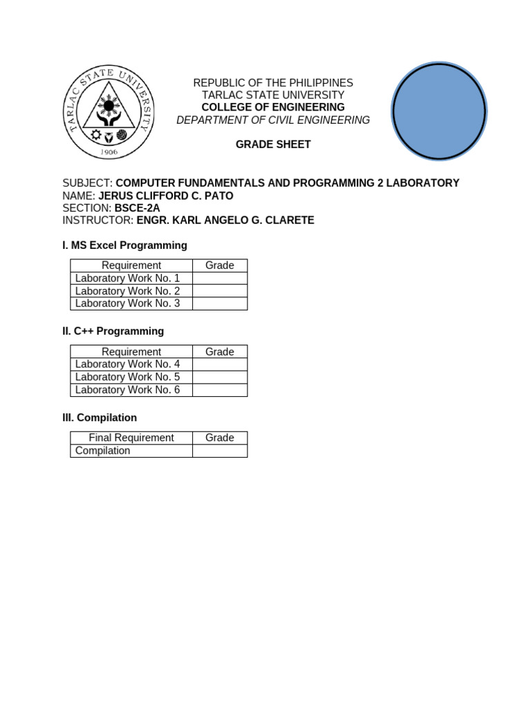 Week 17 Computer Programming 2 Grade Sheet | PDF