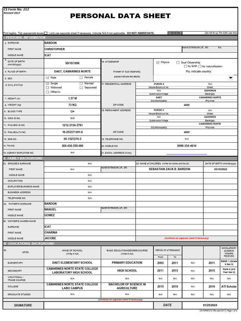 06 CSC Form 21 Revised 2017 Personal Data Sheet 1 | PDF | Government