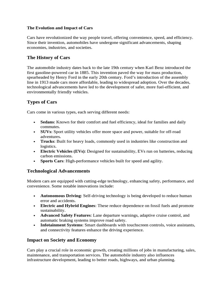The Evolution and Impact of Cars | PDF | Car | Electric Vehicle