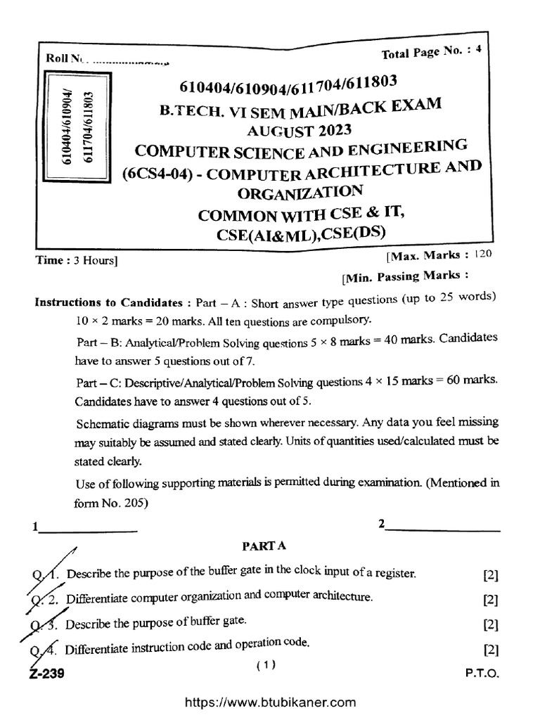 Btech Cs It 6 Sem Computer Architecture and Organization 610404 Aug 2023 | PDF
