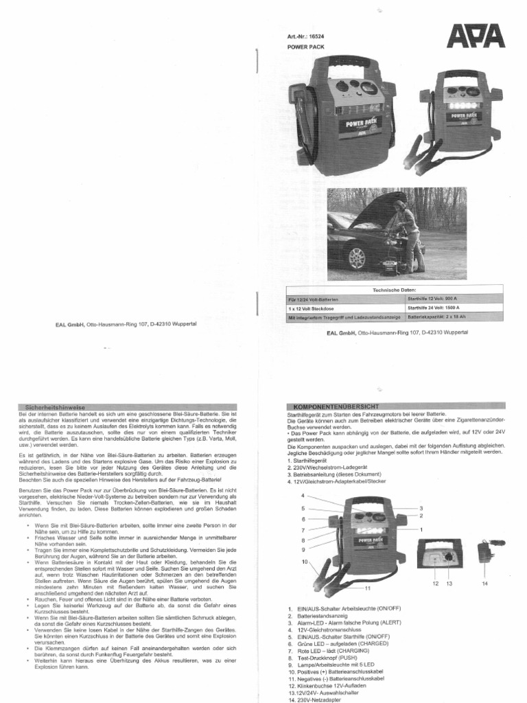 Manual 842062 Apa Quick Start System 16524 16524 Jump Start Current 12 v1500 A Jumpstart Current ...