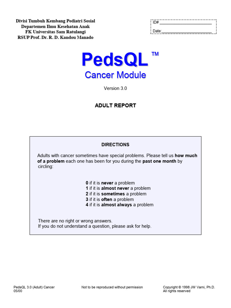 PedsQL Cancer Module - Edit | PDF | Injection (Medicine) | Anxiety